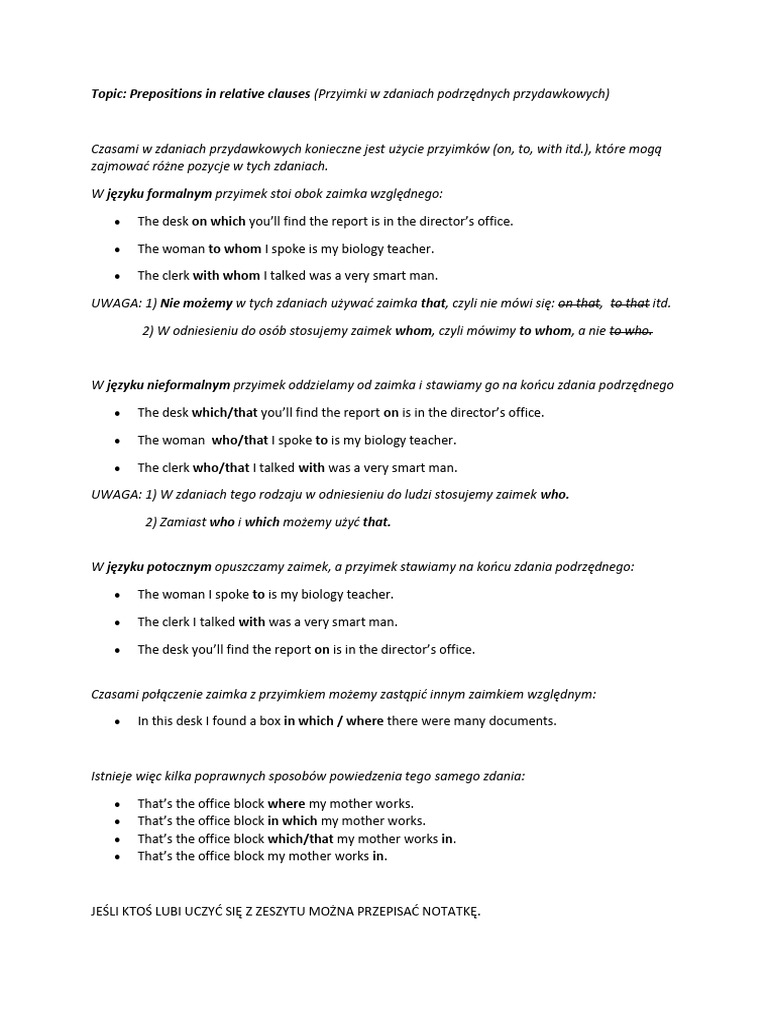 Prepositions in Relative Clauses | PDF Prepositions in Relative Clauses | PDF