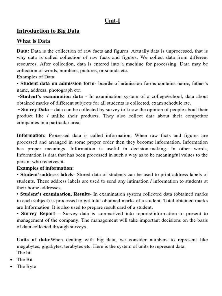 Unit I Big Data Pdf Apache Hadoop Big Data