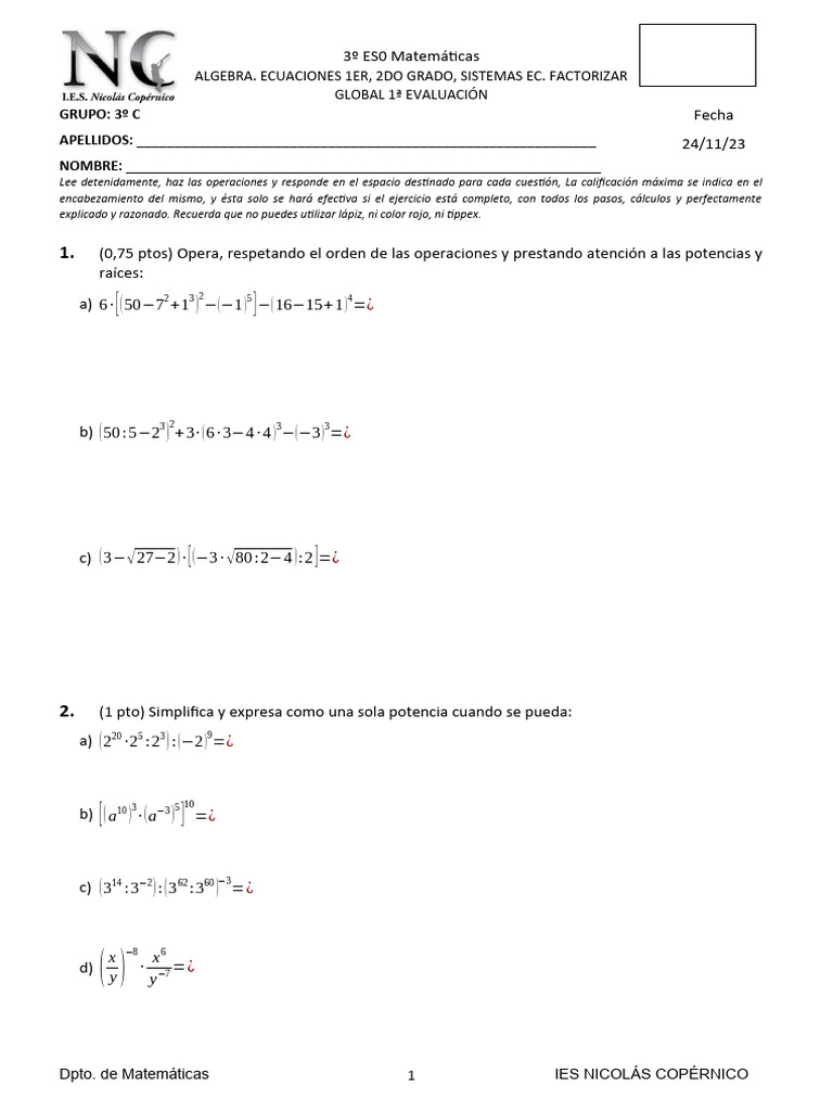 3ESO EXAMEN ALGEBRA. ECUACIONES 1ER, 2DO GRADO, SISTEMAS Y RUFFINI Global | Descargar gratis PDF ...