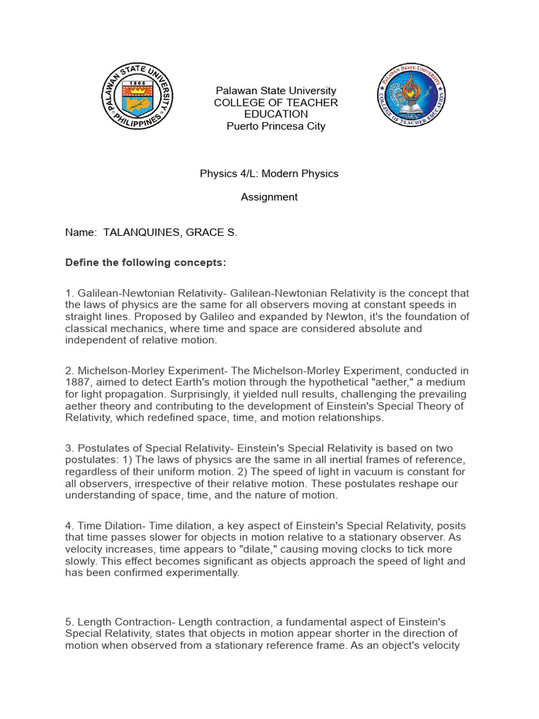 Physics Ass | PDF | Special Relativity | Theory Of Relativity