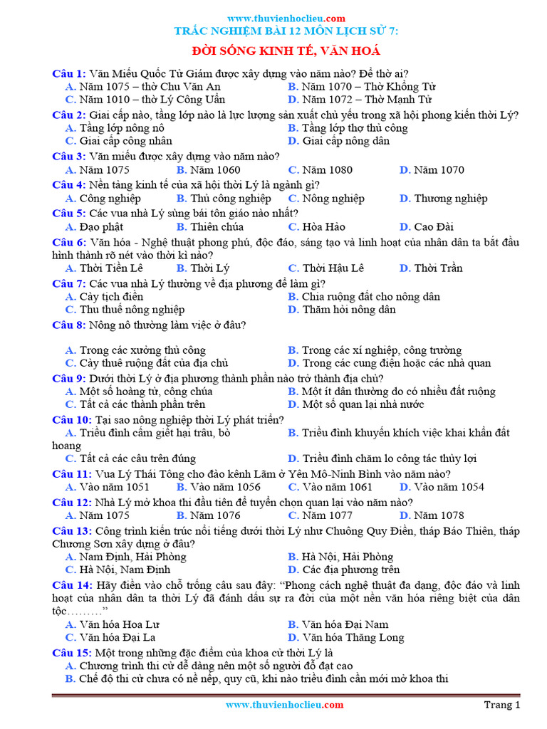 Trac Nghiem Lich Su 7 Bai 12 | PDF