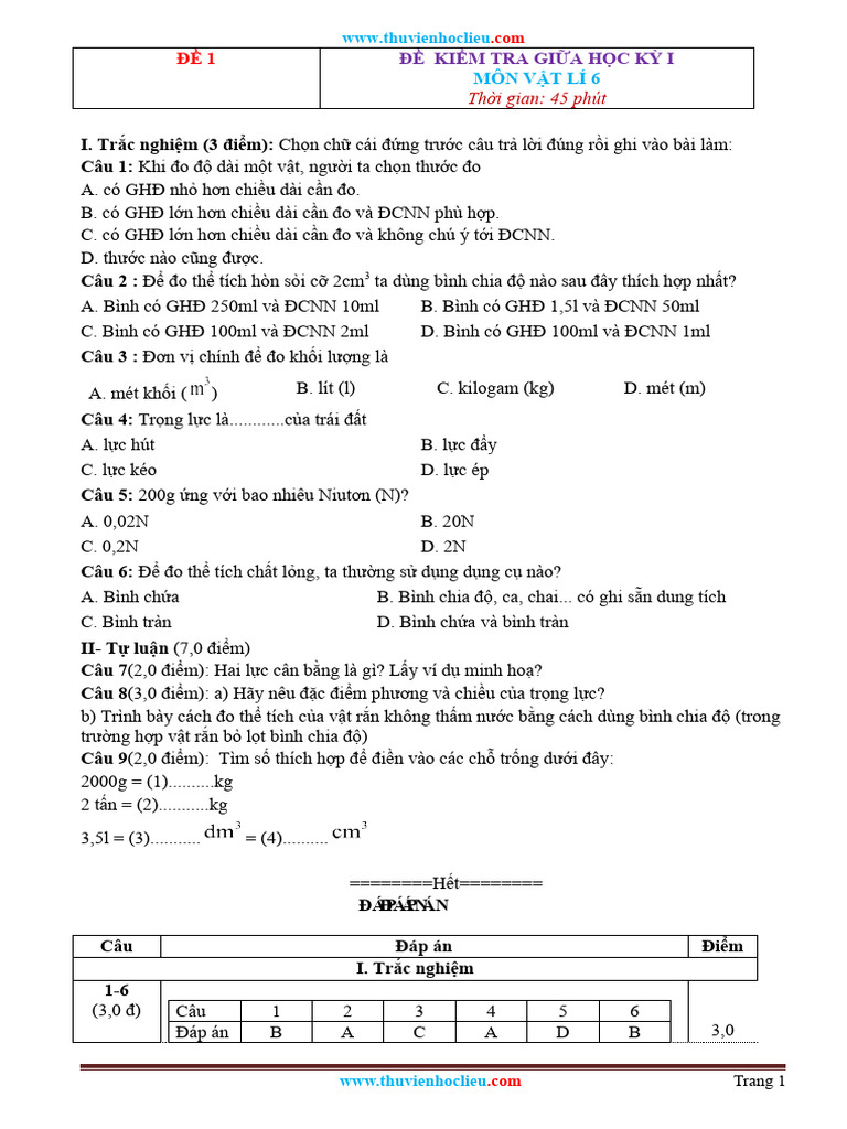 Bo de KT Giua HK1 Vat Li 6 | PDF