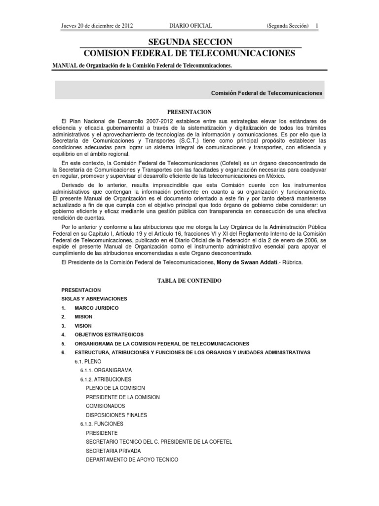 Manual de Organizacion Comision Federal de Telecomunicaciones COFETEL ...