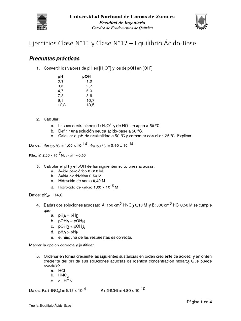 Práctica Clase N°11 y N°12 - Equilibrio Ácido-Base | PDF | Ácido ... Práctica Clase N°11 y N°12 - Equilibrio Ácido-Base | PDF | Ácido ...