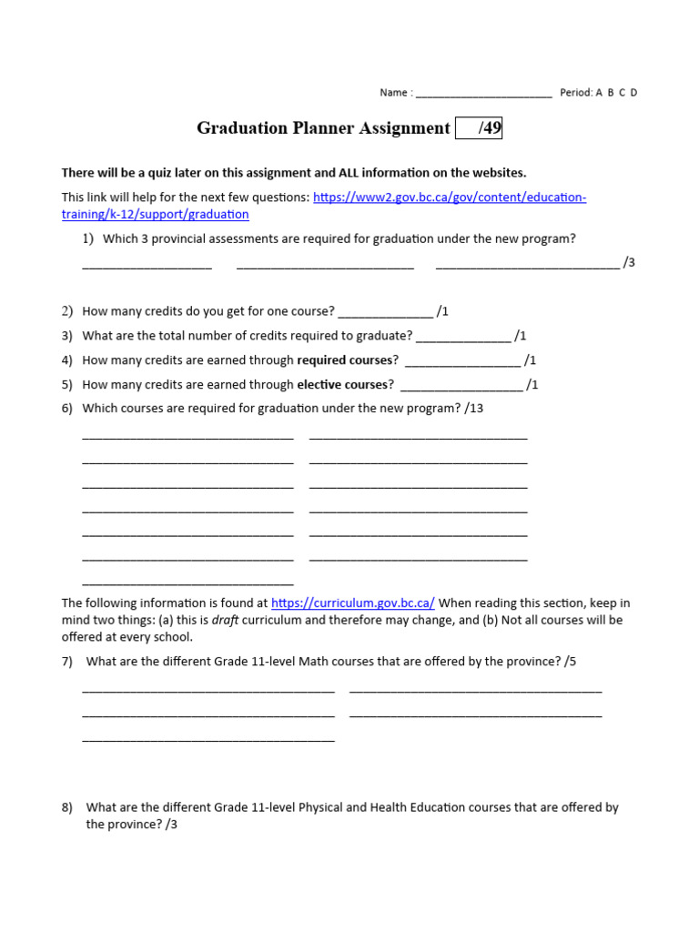 BC Graduation Planner Assignment Guide | PDF | Advanced Placement ...