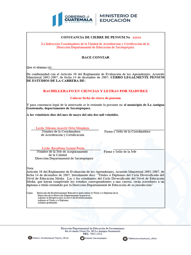 Modelo de Cierre de Pensum, Títulos y Diplomas, A.M. 2692 | PDF