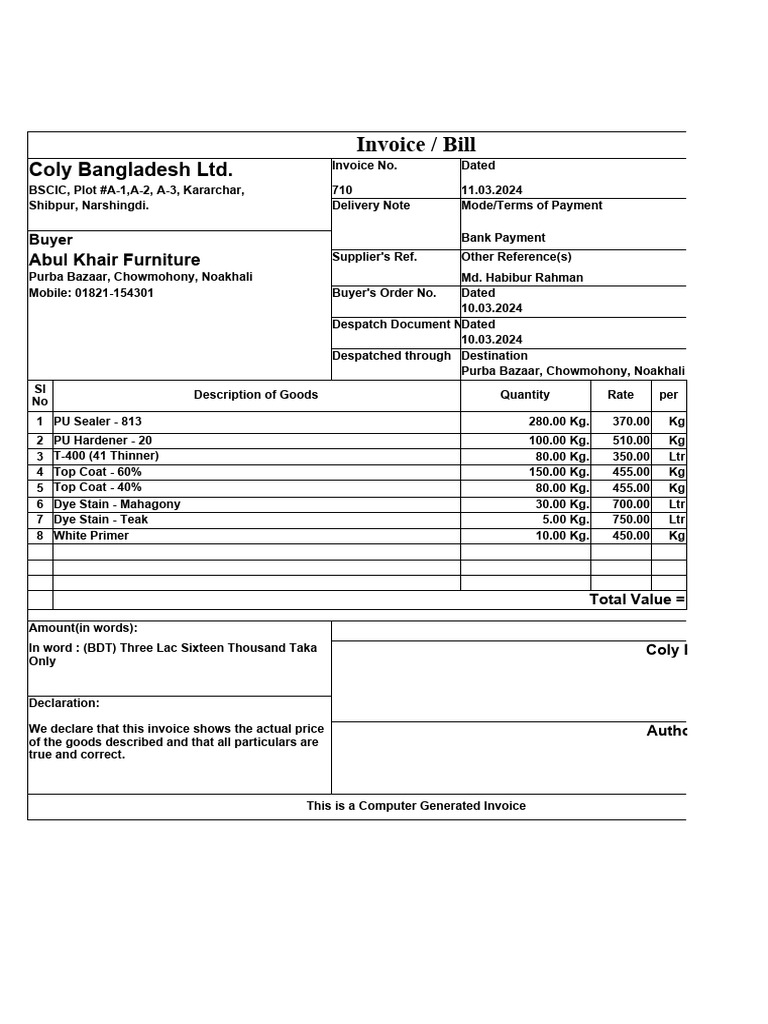 Abul Khair Invoice 11.03.2024 | PDF | Business
