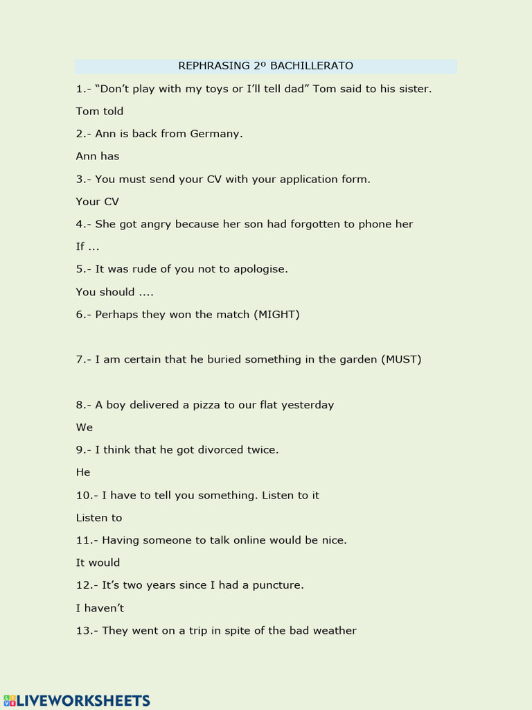 Rephrasing Exercises for 2º Bachillerato | PDF