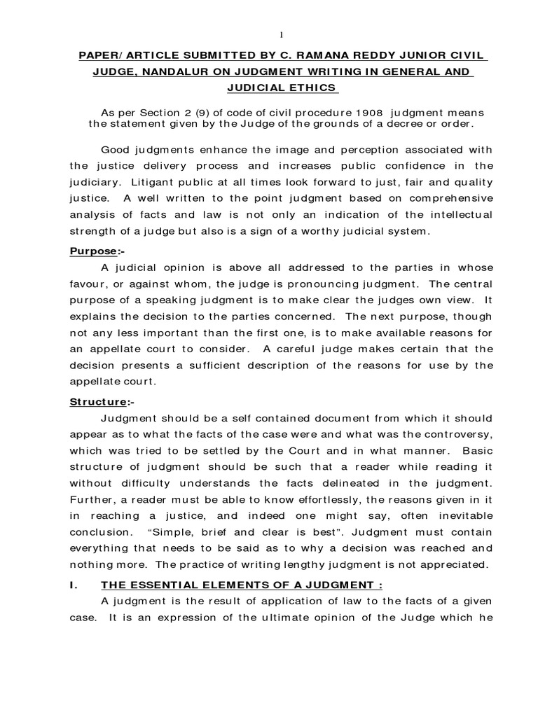 JUDGMENT WRITING IN GENERAL AND JUDICIAL ETHICS - by Sri C Ramana Reddy ...
