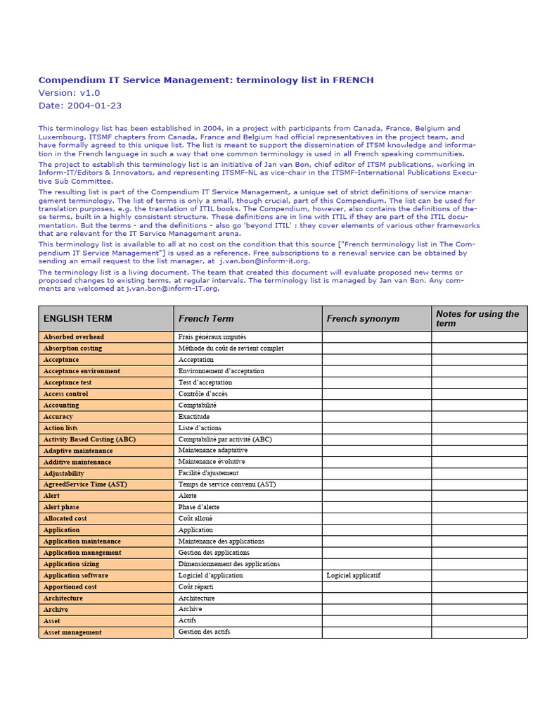 Compendium French Terminology 20040123 | PDF | It Service Management ...