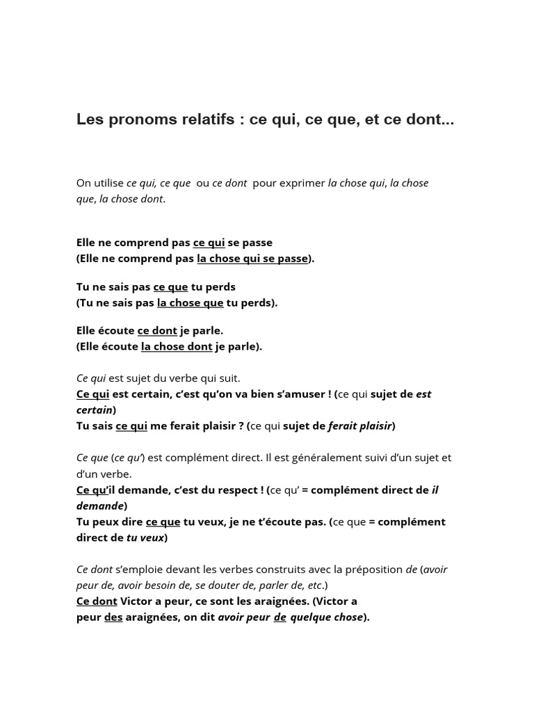 Pronoms relatifs : ce qui, ce que, ce dont | PDF