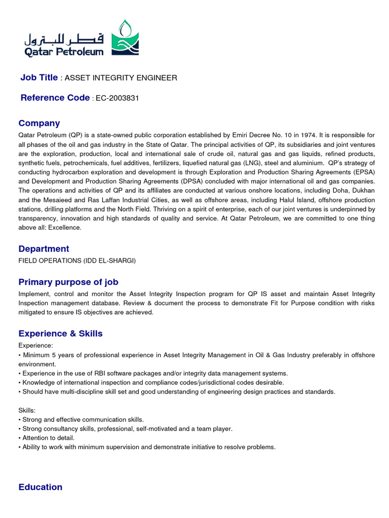 Data Overview - ASSET INTEGRITY ENGINEER | PDF | Petroleum | Natural Gas