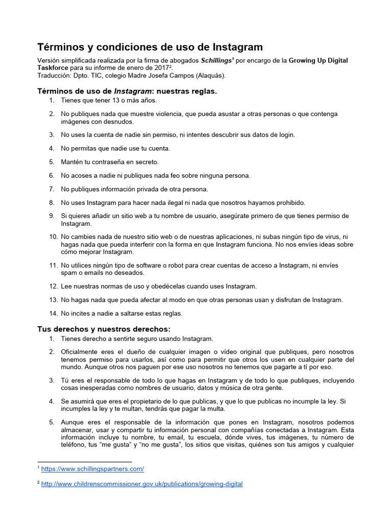 Terminos y Condiciones de Uso de Instagram | PDF | Información | Privacidad en internet