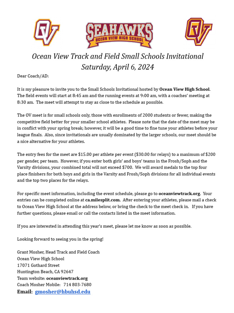 Ov Invite Coaches Letter 2024 | PDF