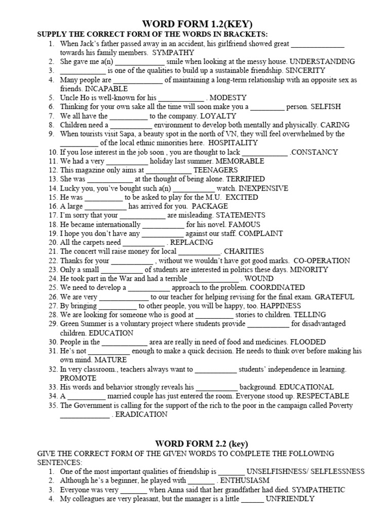 BAI TAP WORD FORM Extra Exercises and Key | PDF