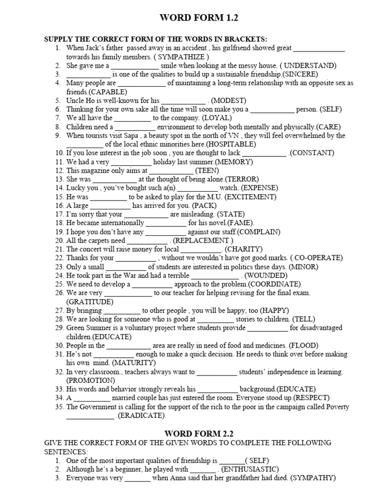 Word Form Exercises for Students | PDF | Literacy