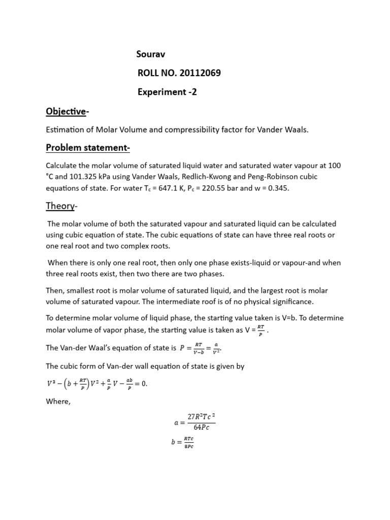 Molar Volume Calculation Using Cubic EOS | PDF | Vapor | Physical ...