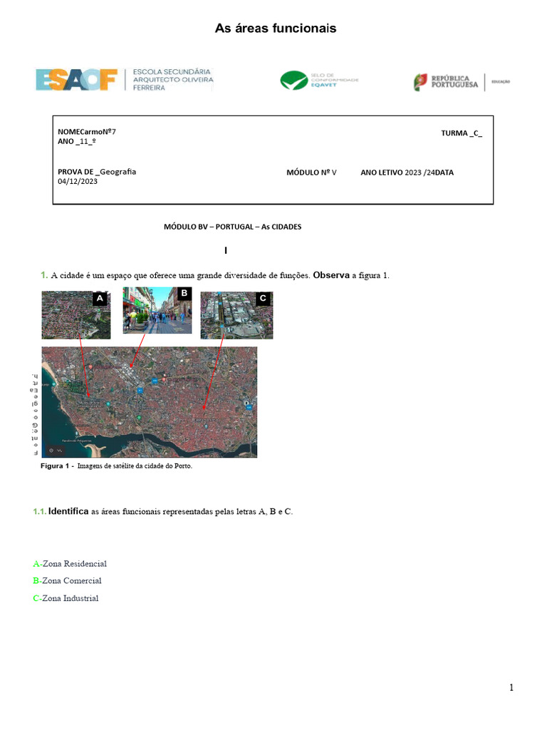 Ficha de Trabalho Das Funções Urbanas | PDF | Cidade | Custo de vida