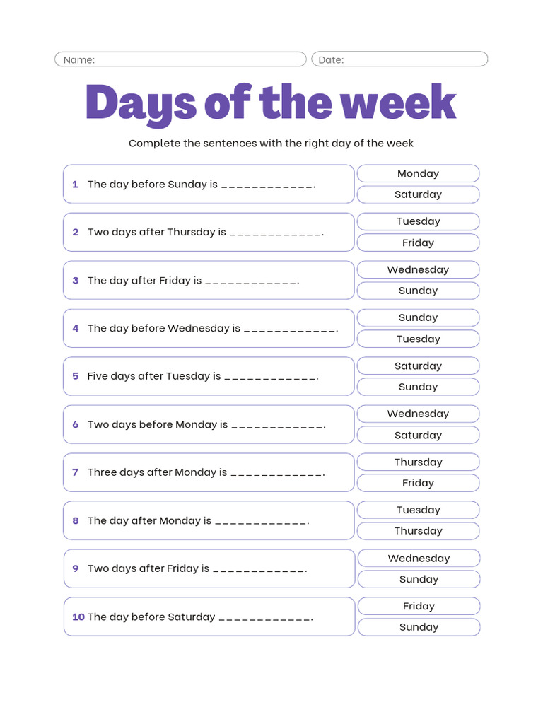 Days of the Week Worksheet | PDF