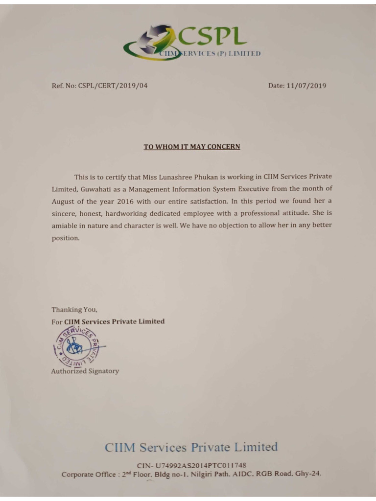 CSPL Experience Certificate | PDF