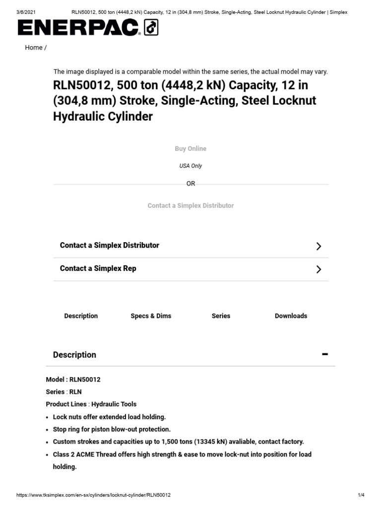 RLN50012, 500 Ton (4448,2 KN) Capacity, 12 in (304,8 MM) Stroke, Single ...
