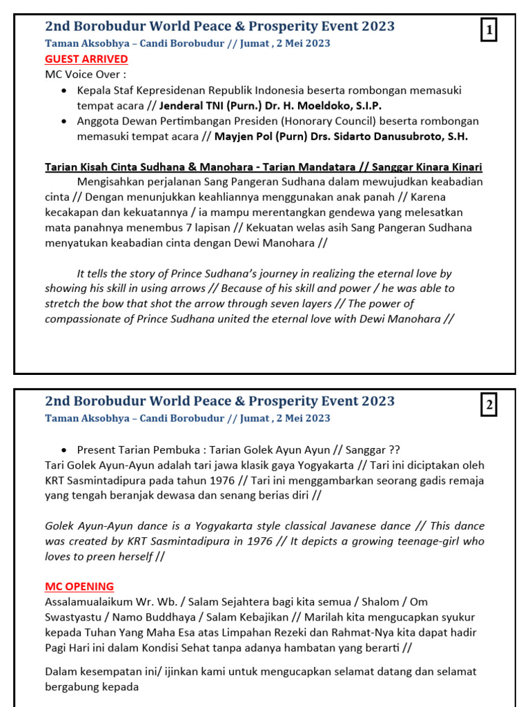 MC Script - 2nd Borobudur World Peace & Prosperity Event 2023 | PDF