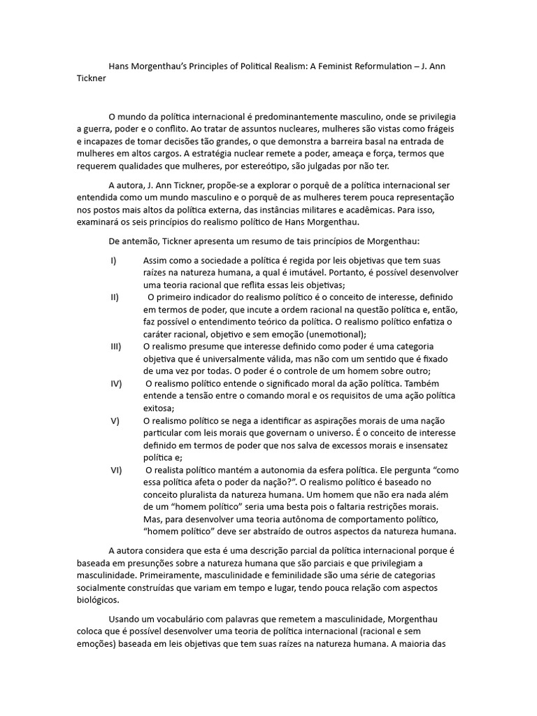 Hans Morgenthau's Principles of Political Realism A Feminist ...