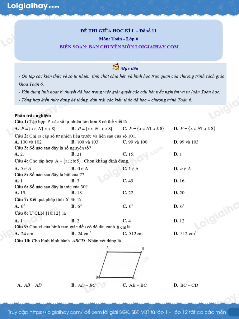 De Kiem Tra Giua Hoc Ki 1 Toan 6 de So 11 Canh Dieu 1697618176 | PDF