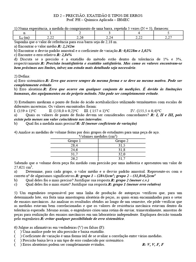 Ed 02 - Precis o Exatid o e Tipos de Erros | PDF | Coeficiente de ...