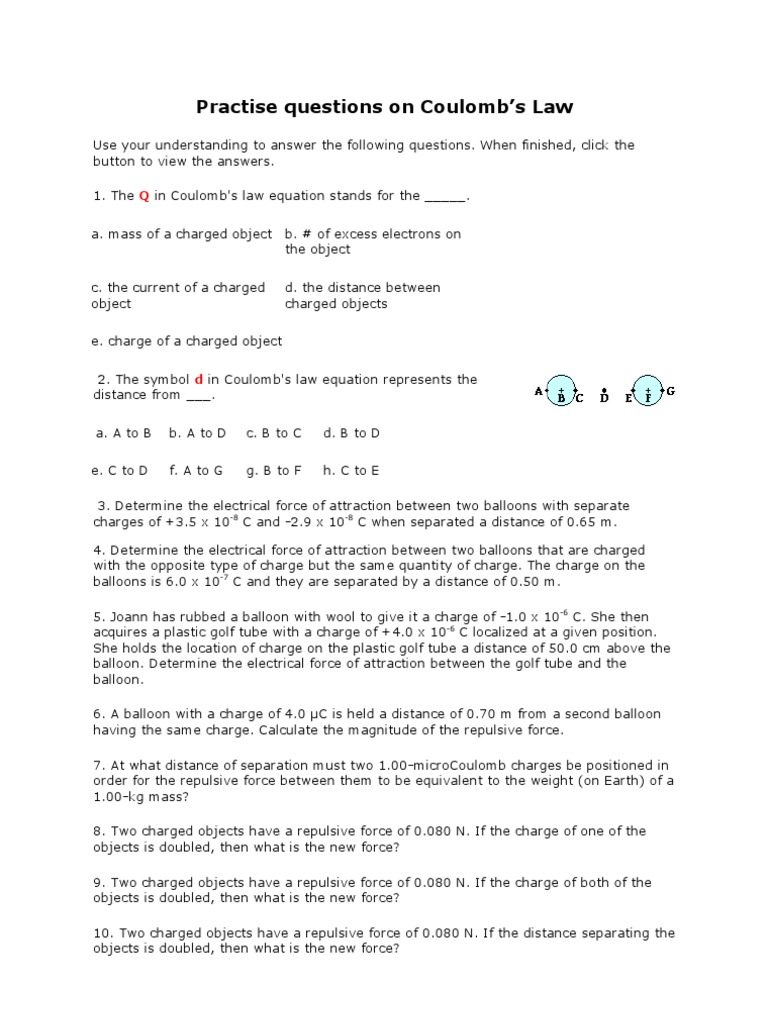 Practise Questions On Coulomb | PDF | Electric Charge | Force
