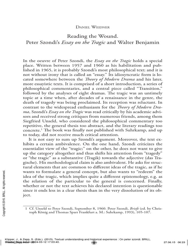 Reading The Wound. Peter Szondi's Essay On The Tragic and Walter ...
