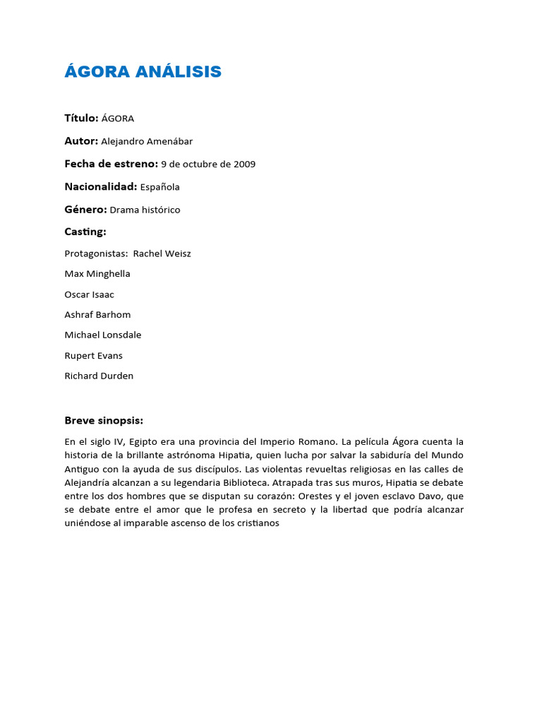 Análisis Cinematográfico de Ágora | PDF