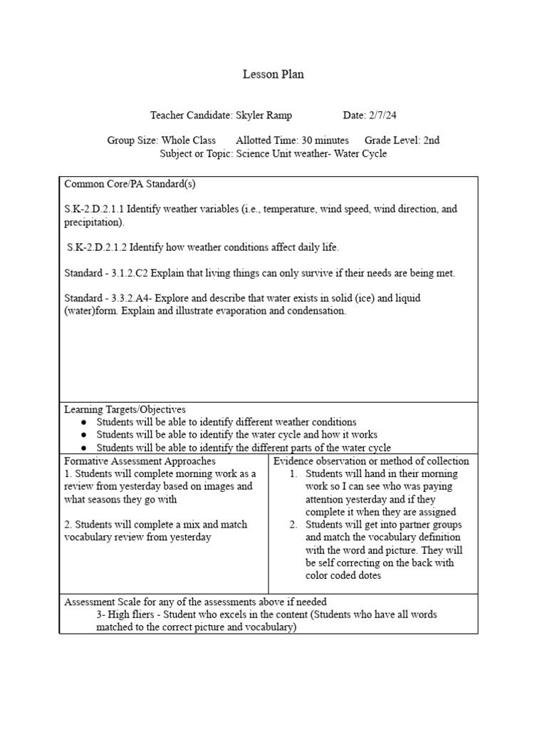 Unit Lesson Plan Weather - Water Cycle | PDF | Water | Evaporation