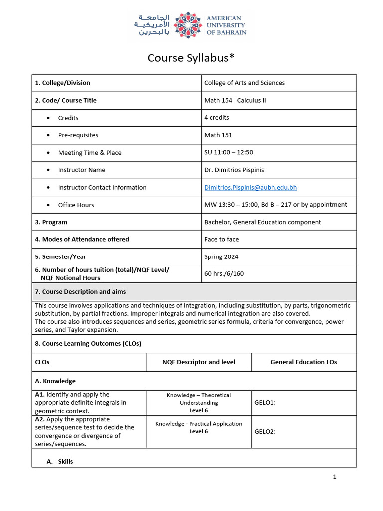 Math 154 - 01 - Syllabus - Spring 2024 | PDF