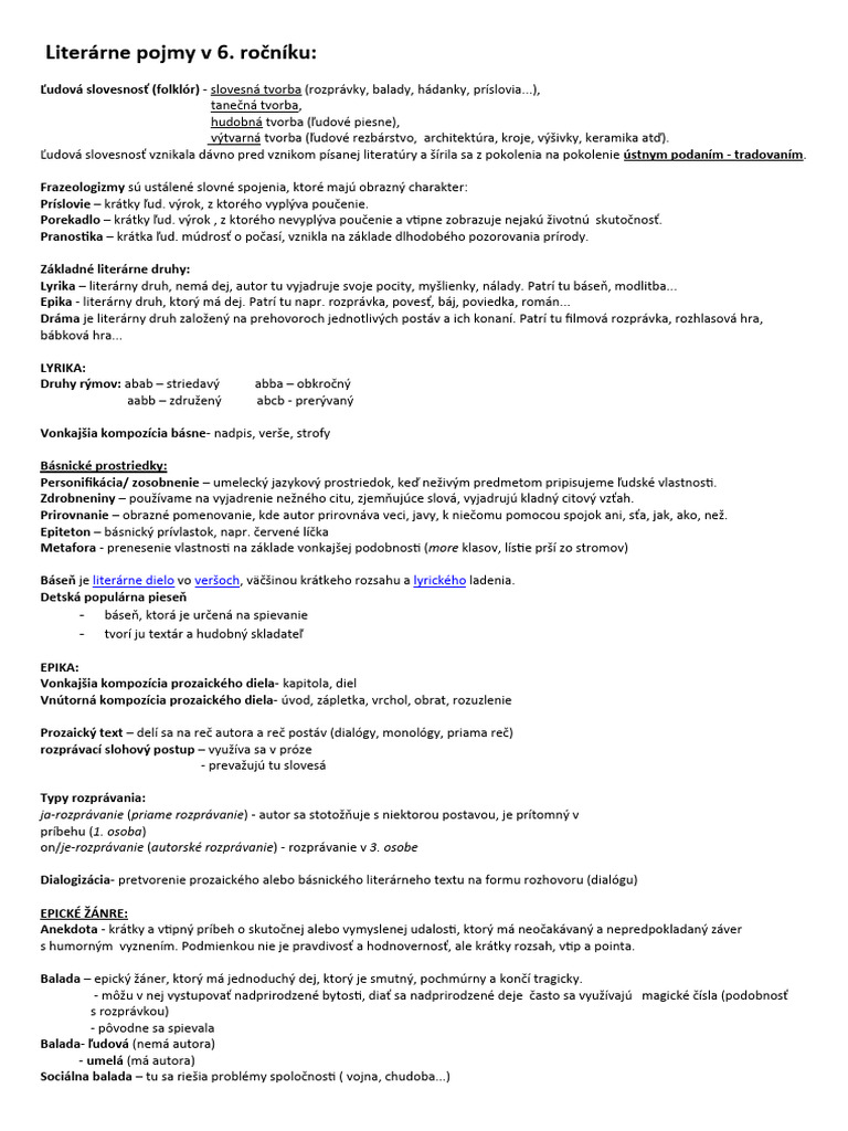 Literárne Pojmy V 6. Ročníku | PDF