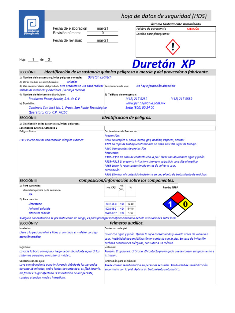 Duretan XP HDS | PDF | Residuos | Química