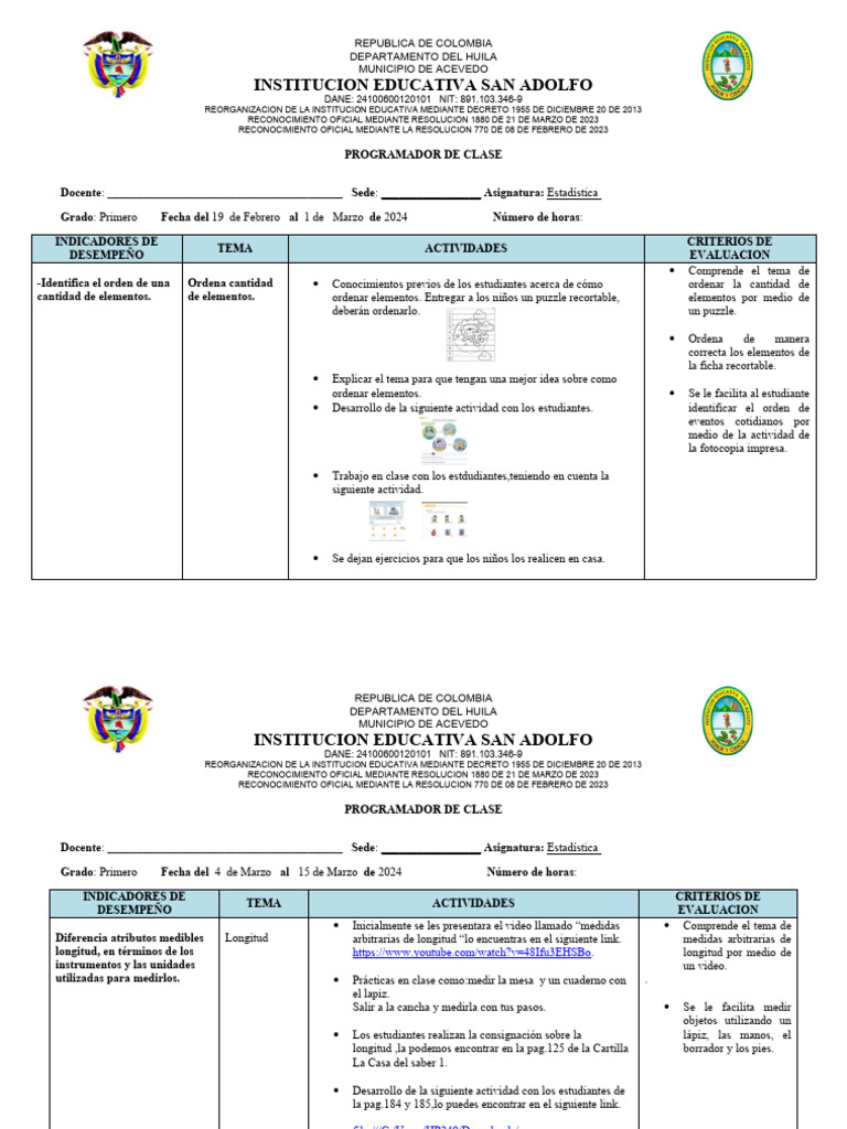 Programador de Clase Estadistica Grado Primero 2024 | PDF