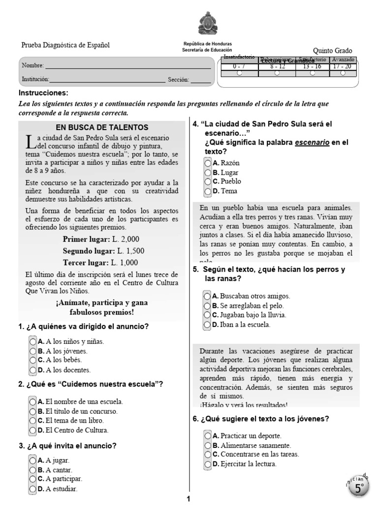 Prueba Diagnóstica 5º Español (2011) | PDF