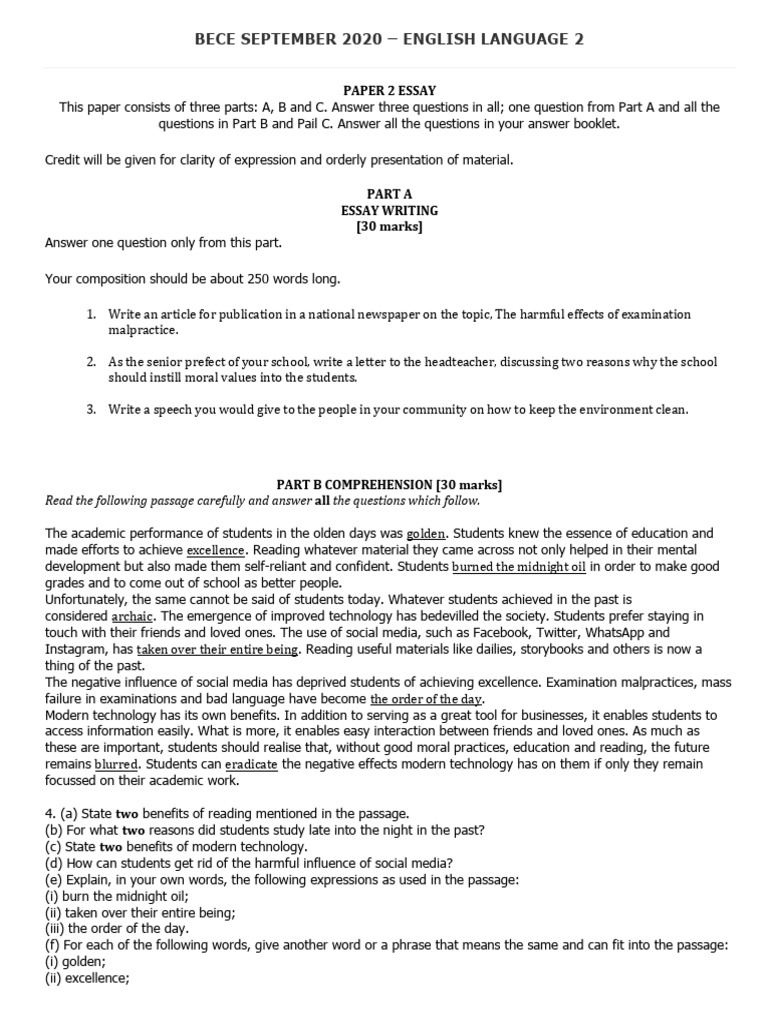 BECE 2020 English Language Paper | PDF | Foreign Language Studies