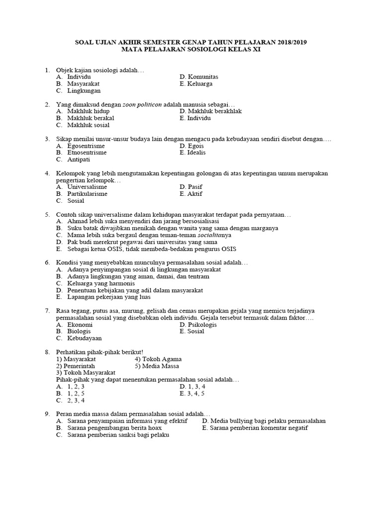Soal Uas Sosiologi Kelas Xi | PDF