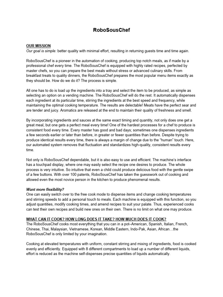 Robo Sous Chef | PDF | Restaurants | Employment