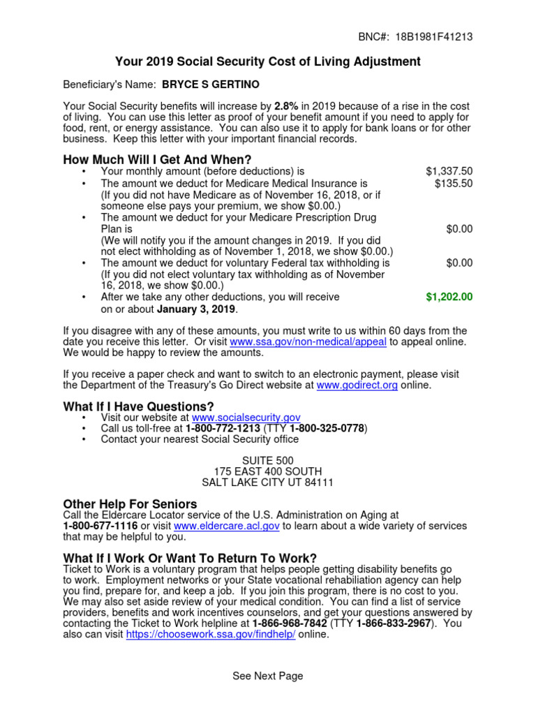 2019 Social Security Benefit Increase Notice | PDF | Cost Of Living ...