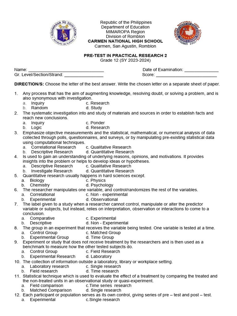 Grade 12 Practical Research 2 Pre-Test | PDF | Experiment | Statistics