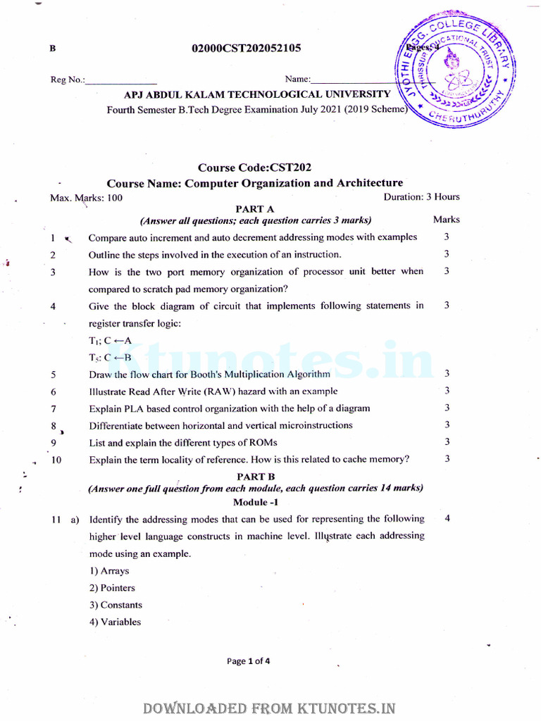 CST202 Computer Organization and Architecture July 2021 | PDF | Central Processing Unit | Computing