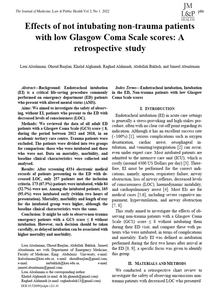Effects of Not Intubating Non-Trauma Patients With Low Glasgow Coma ...