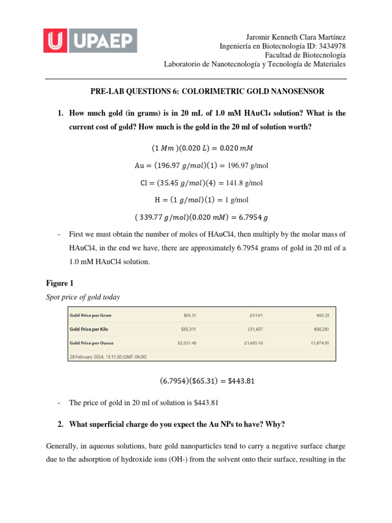 Pre-Lab Questions 6 - Colorimetric Gold Nanosensor | PDF | Biosensor ...