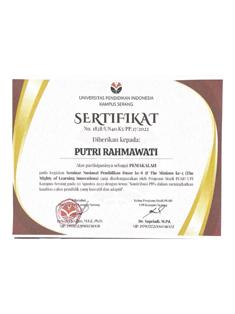 Sertif Pemakalah Putri R | PDF