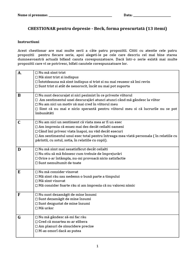 Chestionarul BECK Pentru Depresie FS | PDF