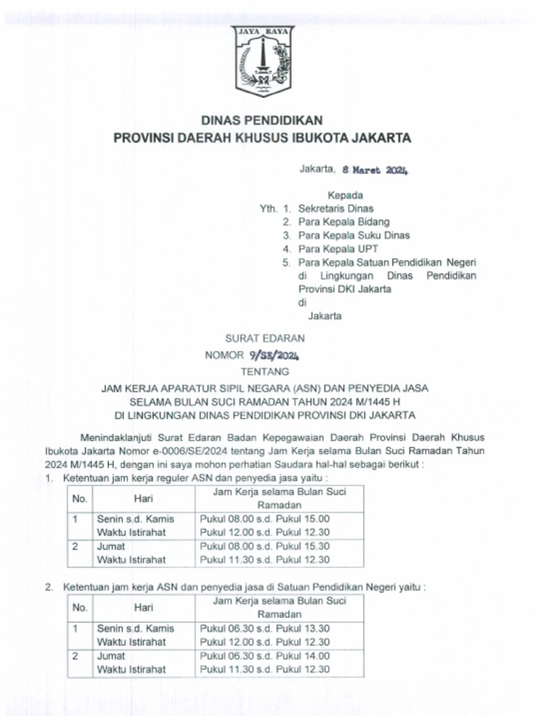 Surat Edaran Jam Kerja ASN Dan Penyedia Jasa Selama Ramadan 2024 | PDF