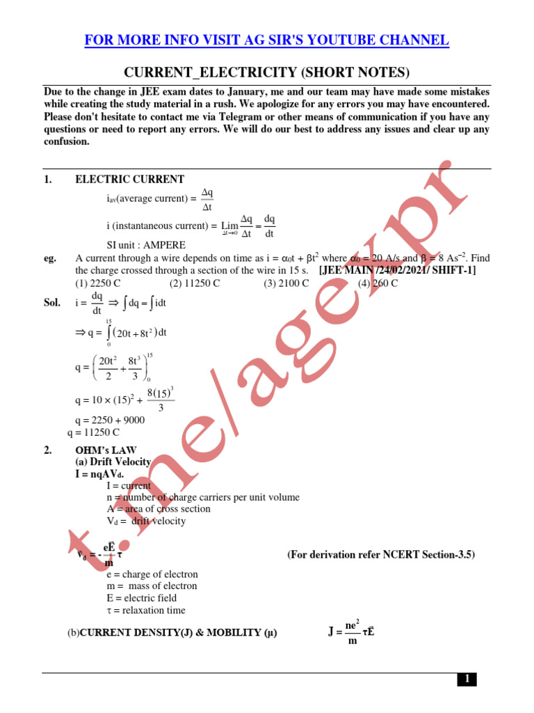Current Electricity - Short-Notes | PDF | Electrical Resistivity And ...